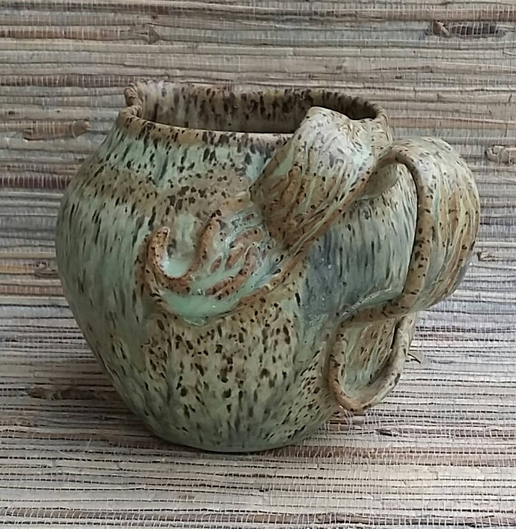 Green Pottery Pitcher Leaf Handle Signed