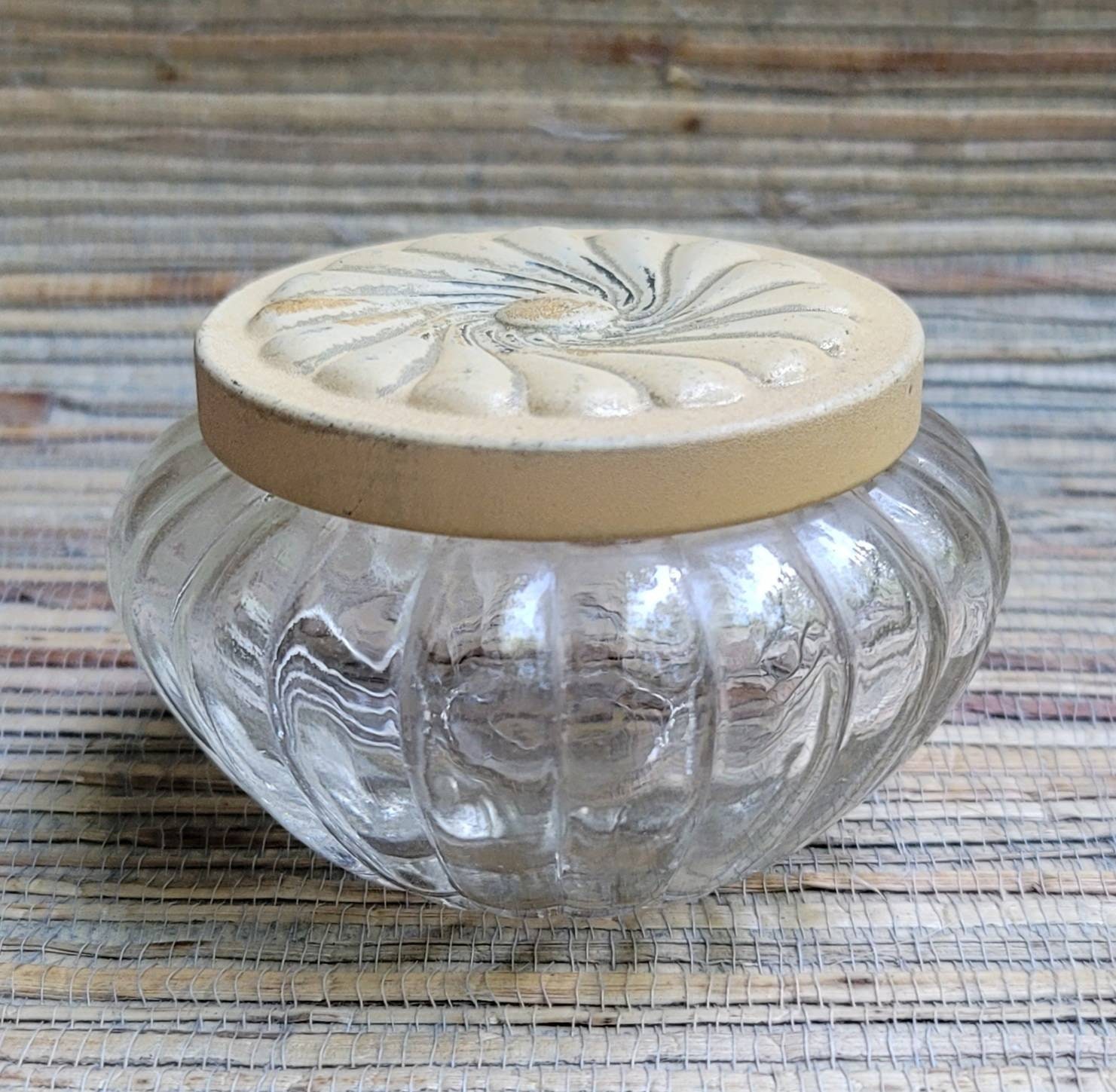 Vintage Powder Box Glass Jar With Metal Lid Old Paint Patina Antique Glass