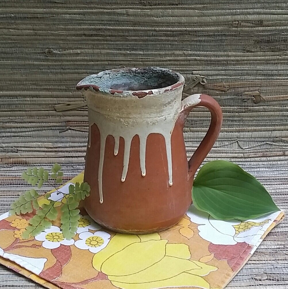 Rustic Terra Cotta Pitcher With White Drippy Chippy Paint/Glaze ...
