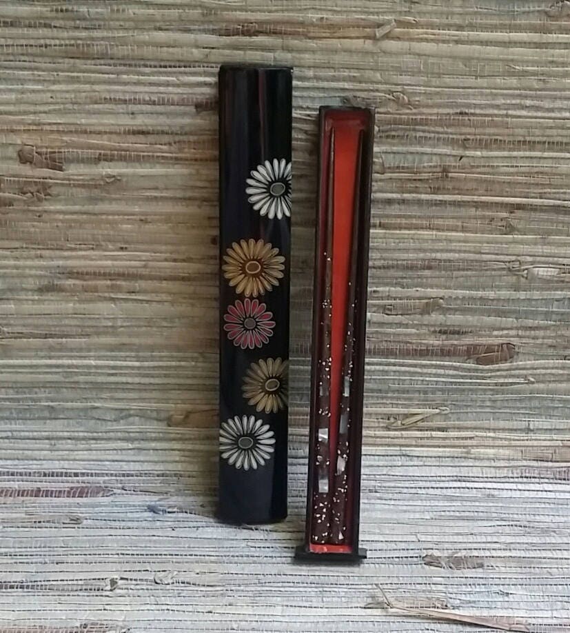 Vintage Lacquerware Chopstick Box With Drawer and Chopsticks