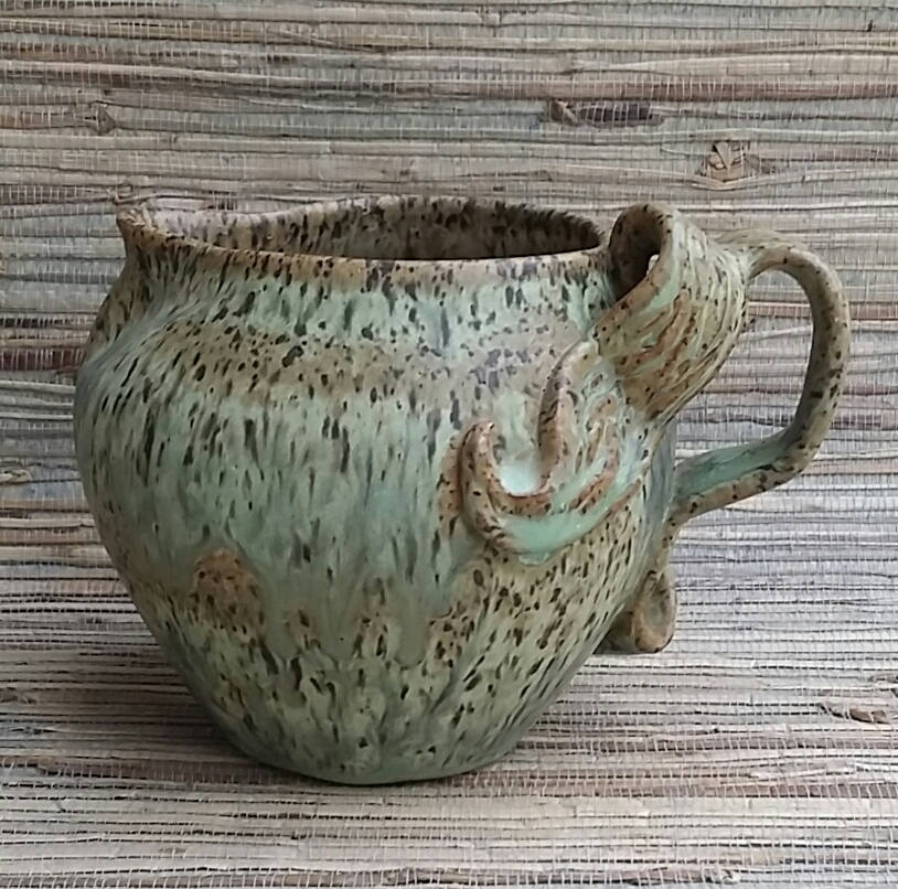 Green Pottery Pitcher Leaf Handle Signed