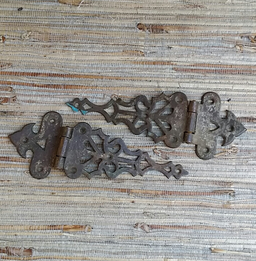 Set of 2 Antique Bronze Large Off-Set Hinges Beautiful Dark Patina