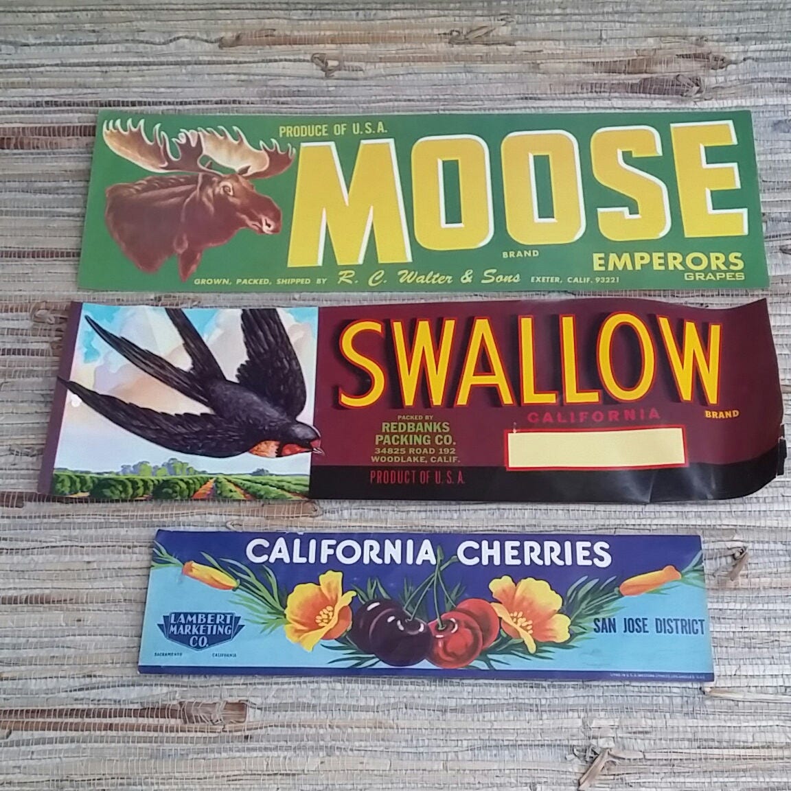 Vintage Unused Fruit Crate Labels California Cherries, Swallow Brand ...