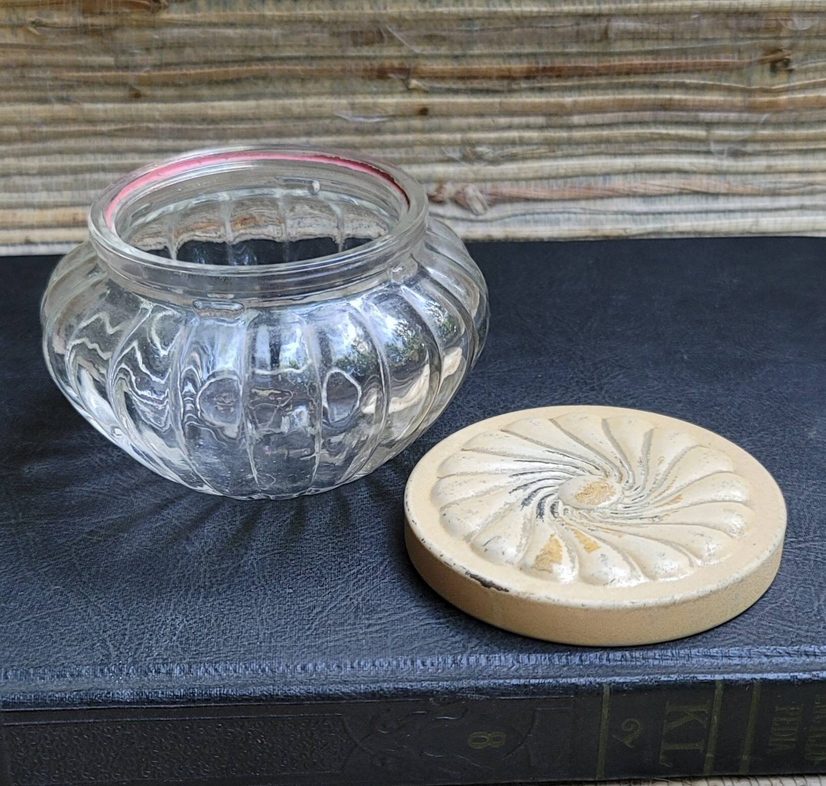 Vintage Powder Box Glass Jar With Metal Lid Old Paint Patina Antique Glass