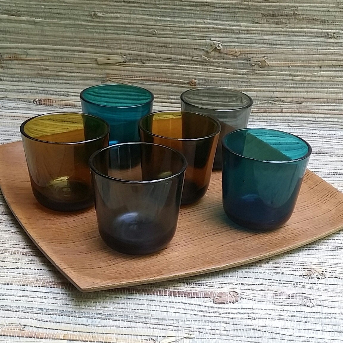 Mid Century Tri-Color Set of 6 Glasses Teal, Amber, Smoky Gray Juice ...