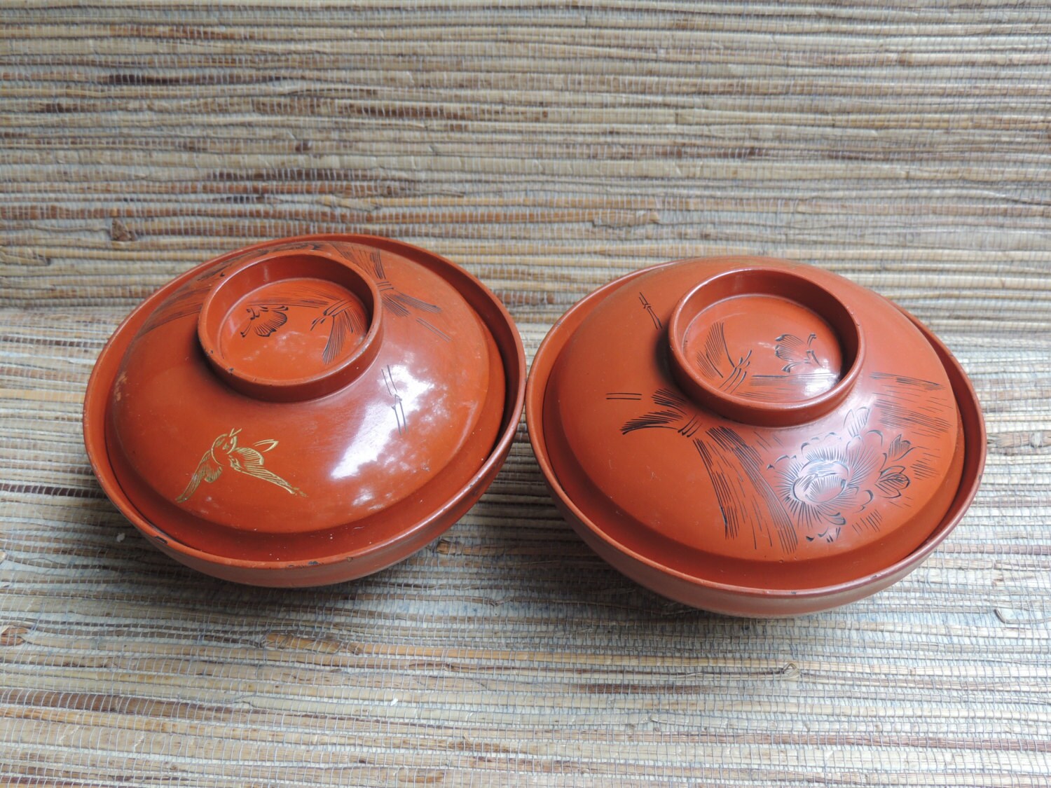 Two Vintage Asian Red Lacquerware Wooden Rice Bowls