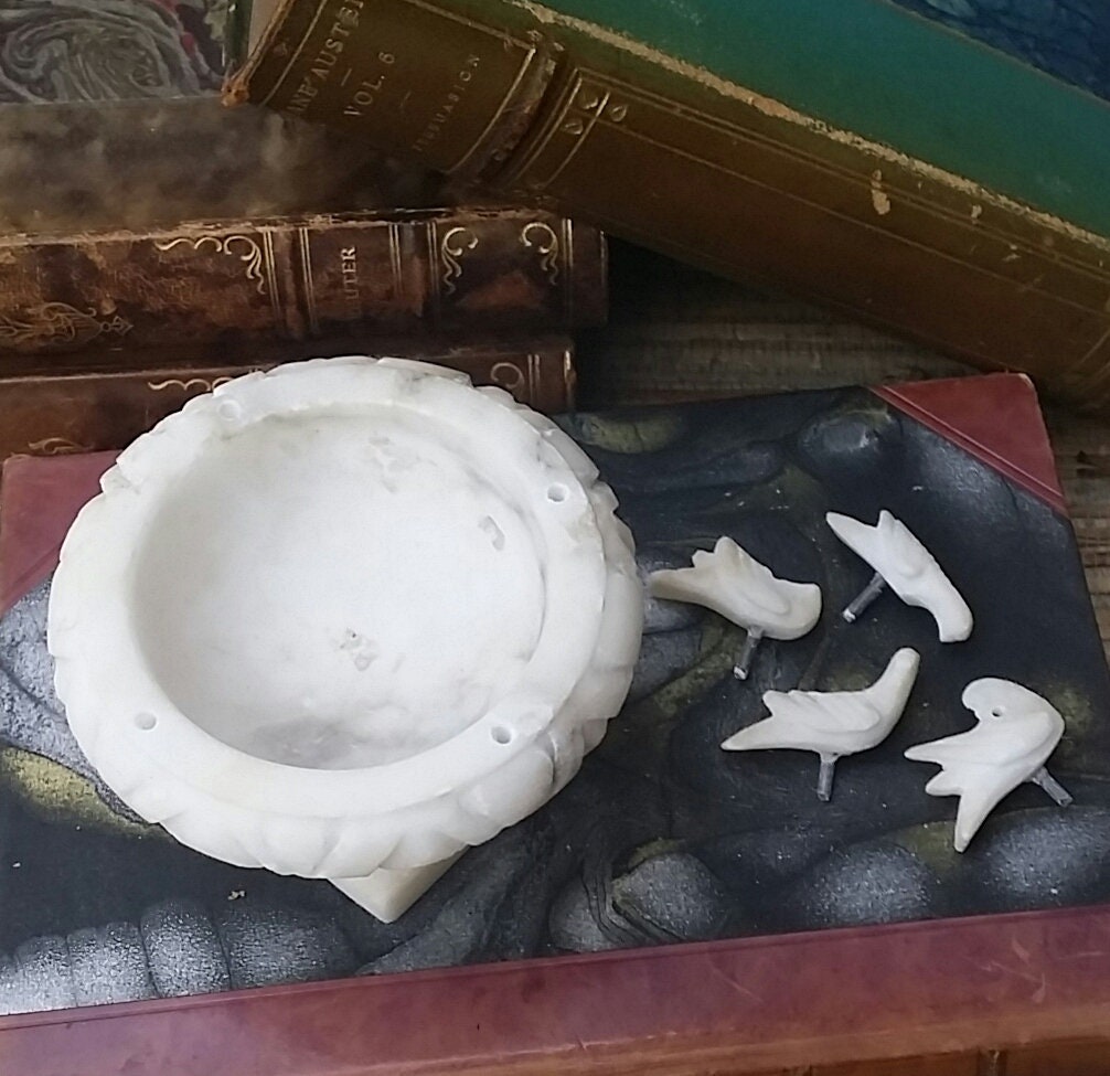 Vintage Alabaster Marble Carved Birdbath With Birds Hand Carving Made ...