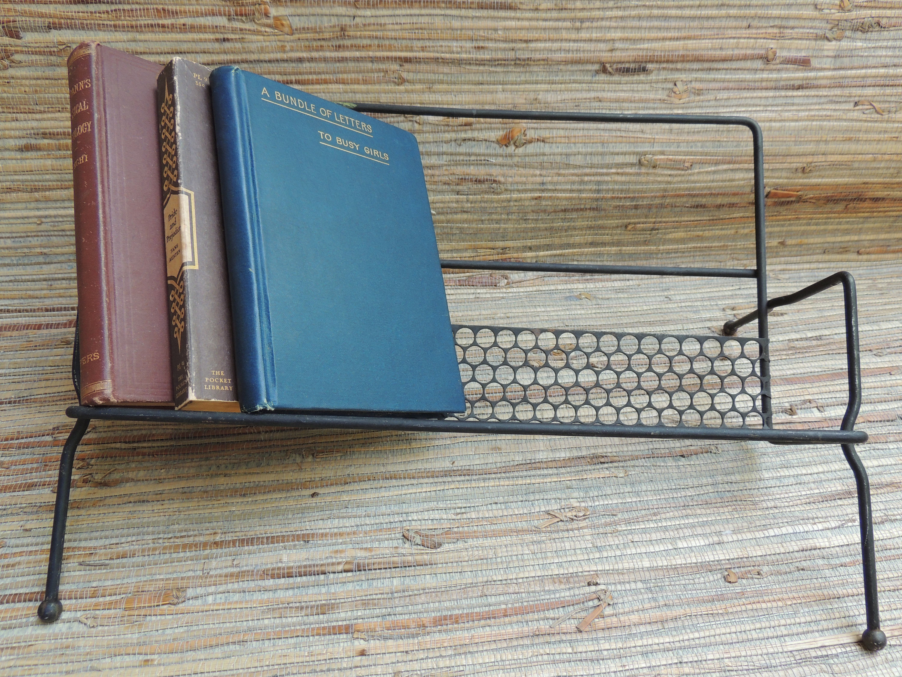 Vintage 1950s Black Metal Desktop Book Rack Industrial Iron Mesh