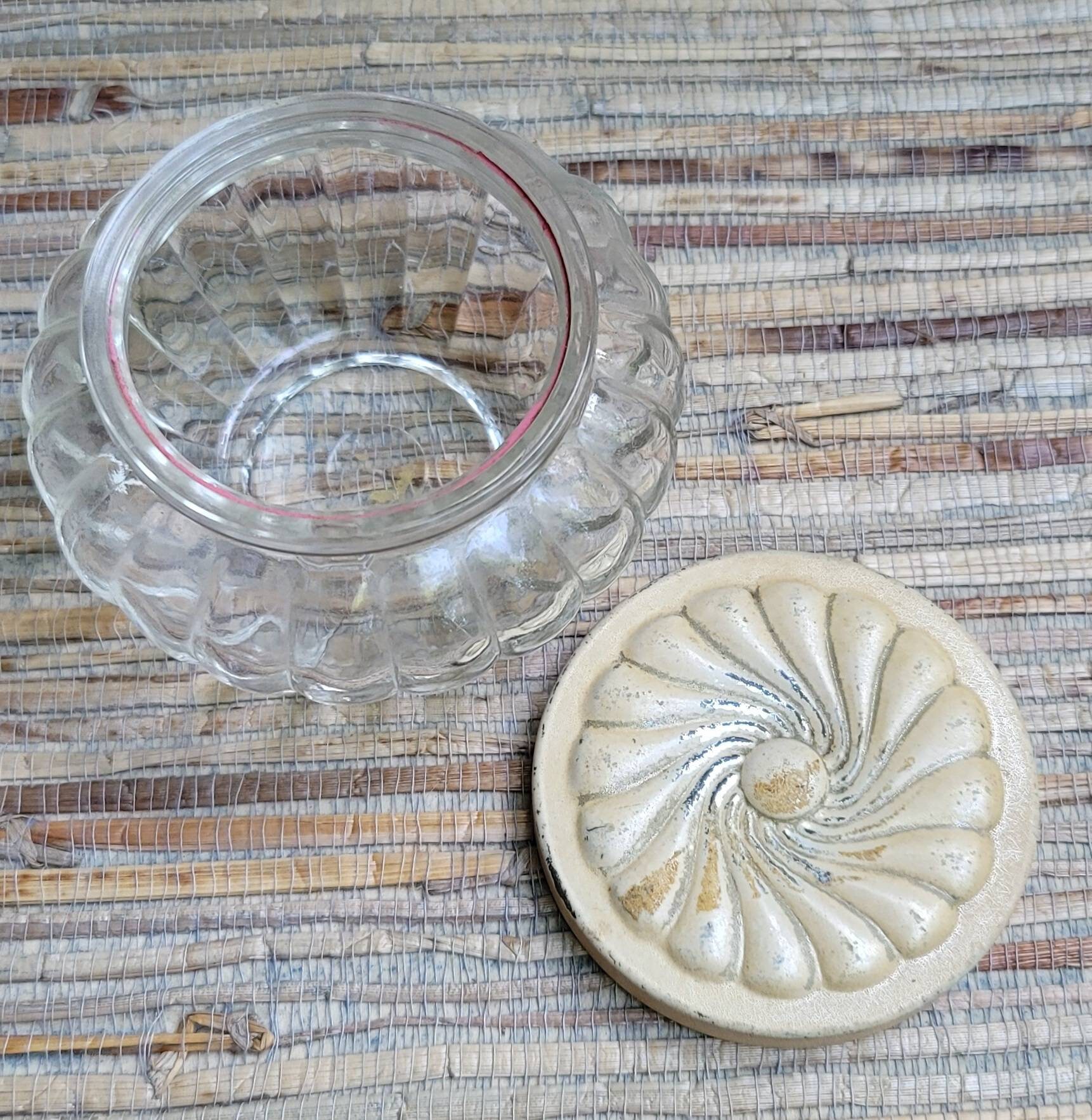 Vintage Powder Box Glass Jar With Metal Lid Old Paint Patina Antique Glass