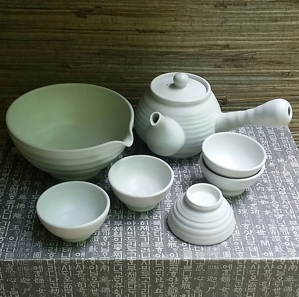 Asian All White Porcelain Tea Set Side Handle Tea Pot, Bowl and 5 Cups ...