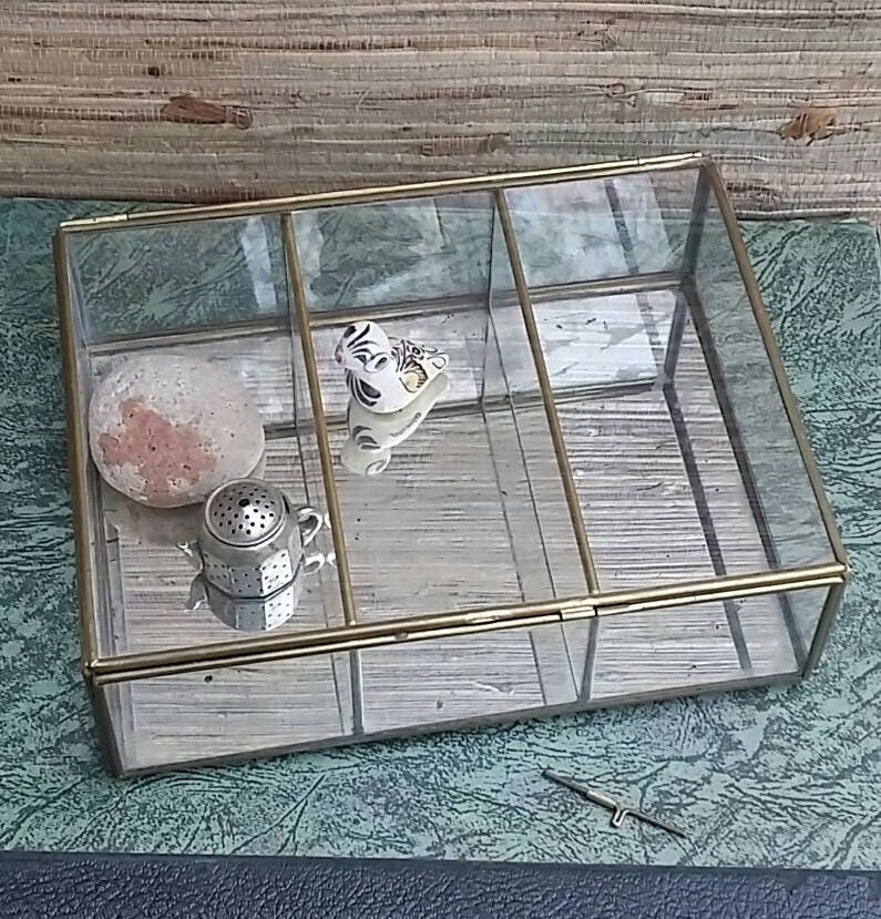 Vintage Glass & Brass Curiosities Display Jewelry Box