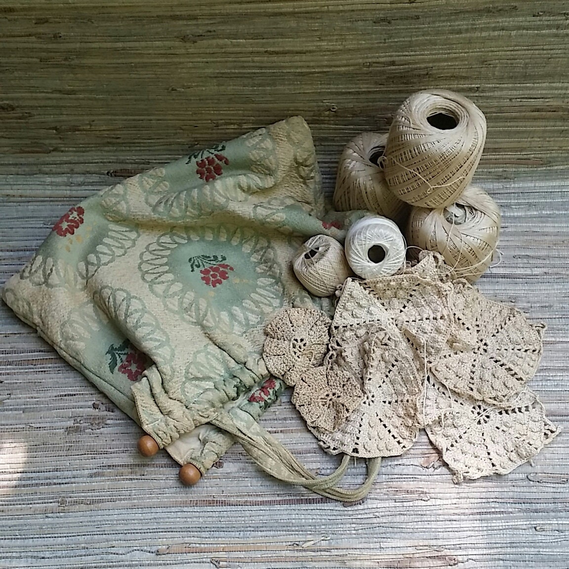 Vintage Sewing Knitting Crochet Bag Tapestry Cloth Muslin Lined With ...