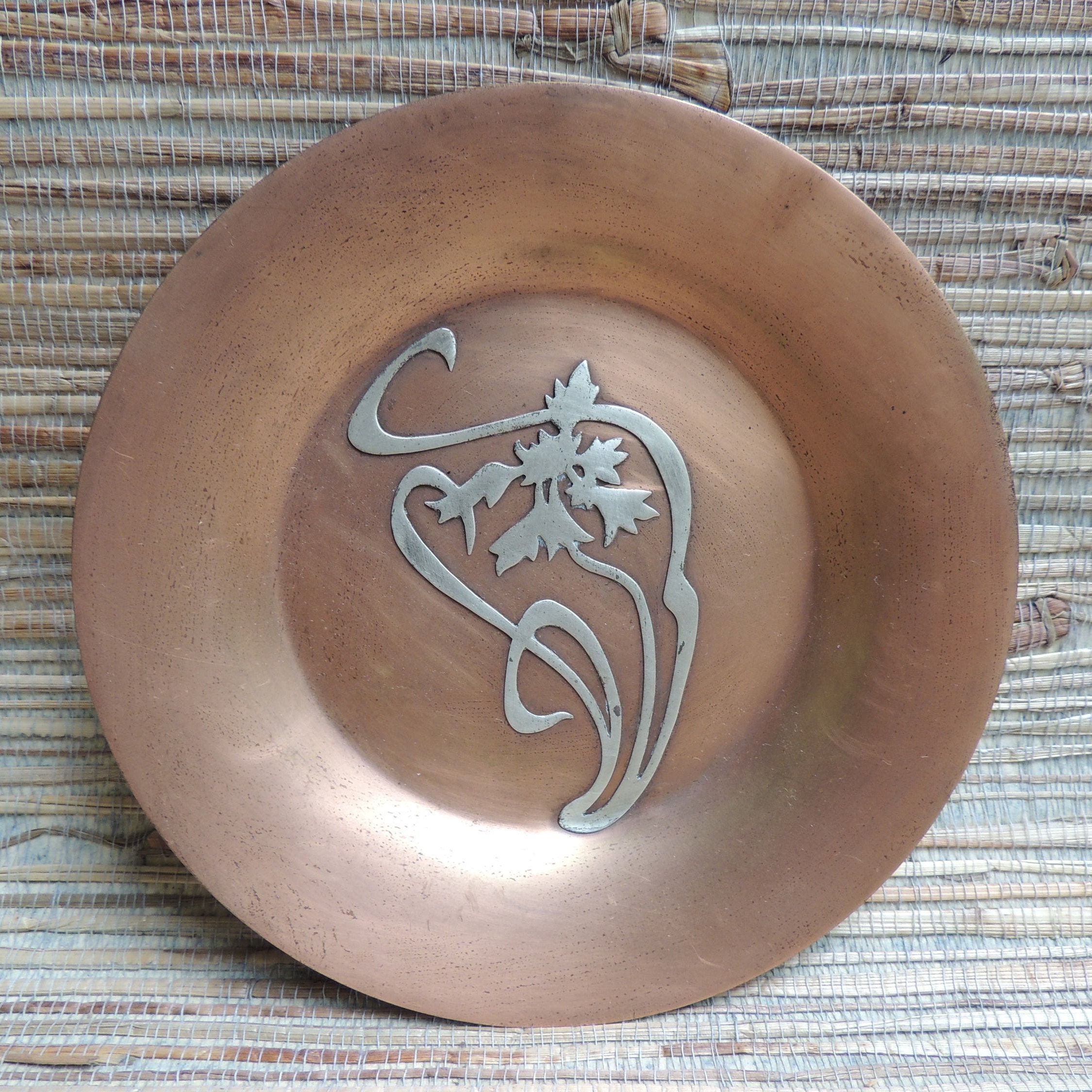 Vintage Copper Plate With Deco Style Floral Design In Silver Mixed Metals
