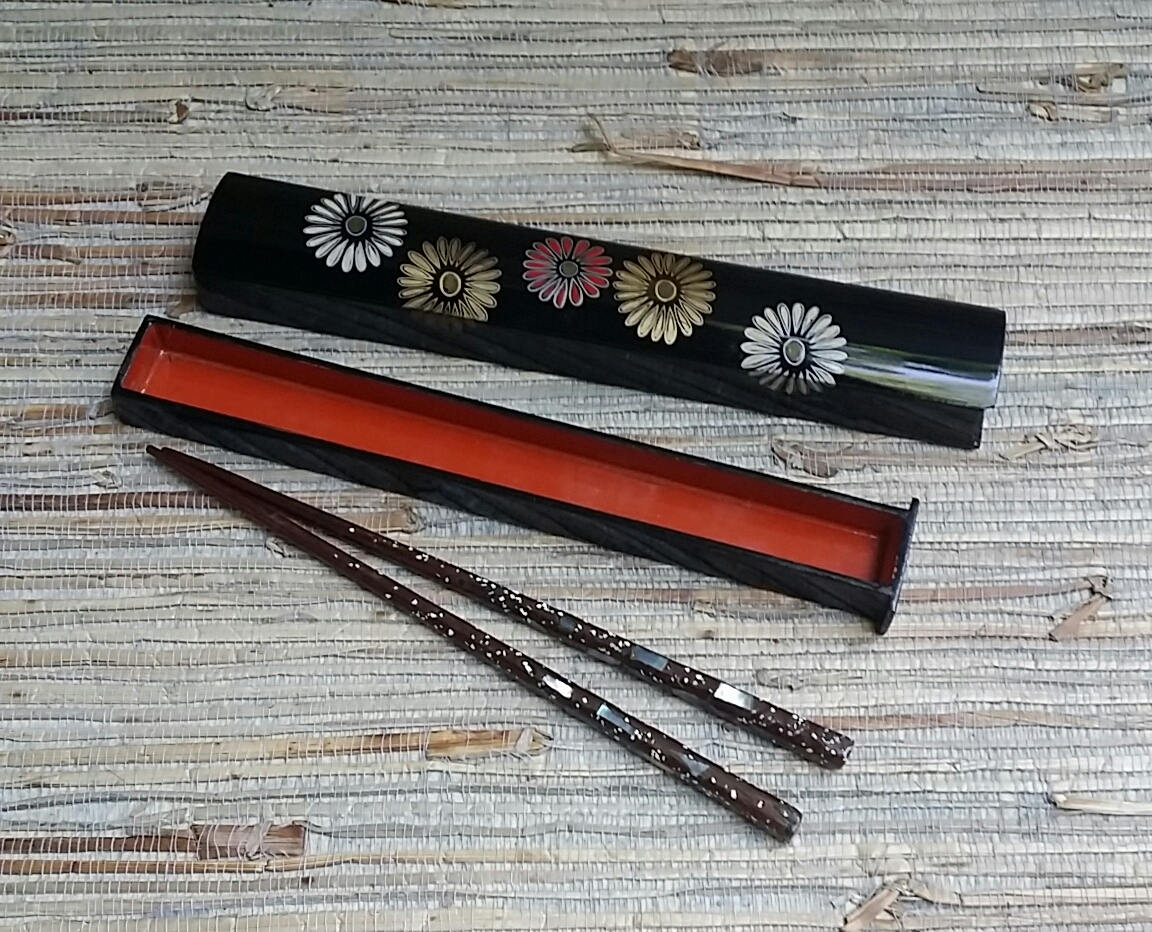 Vintage Lacquerware Chopstick Box With Drawer and Chopsticks