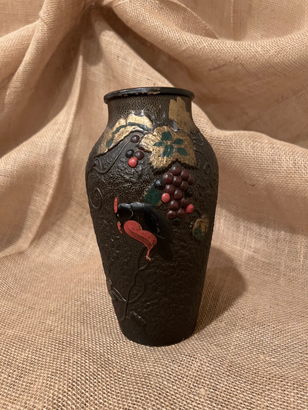 Vintage Black Goofus Glass Vase W/ Grapes & Bird 9" - Etsy