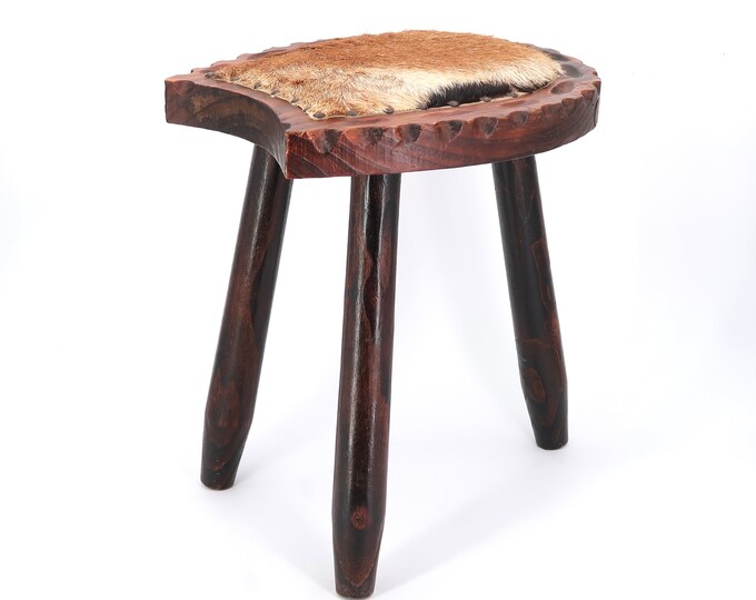 French Wooden Tripod Stool, Cow Skin, 1970s / Cottage Furniture ...