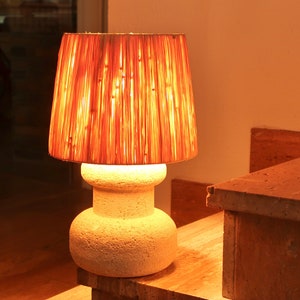 White Stone Column Table Lamp With Raffia Lampshade, 1960s / Vintage ...