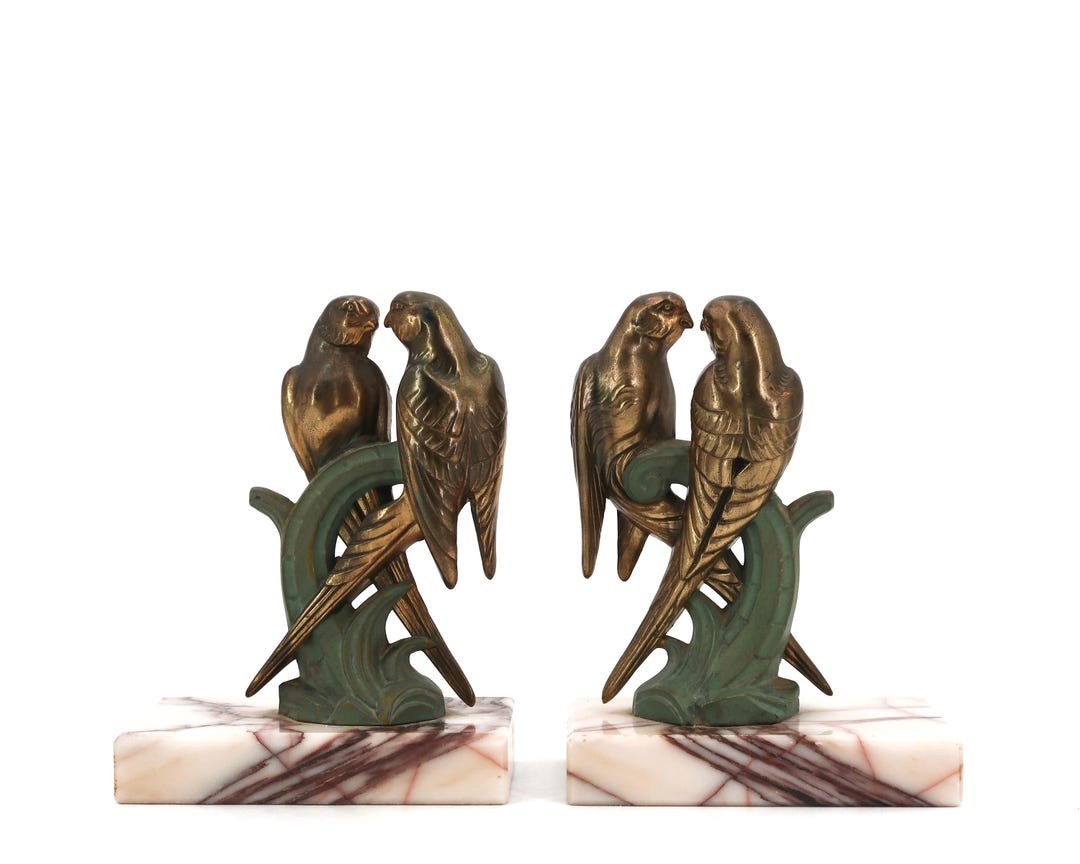 French Art Deco Bookends : Metal Parakeets, Marble Base / Home Decor ...