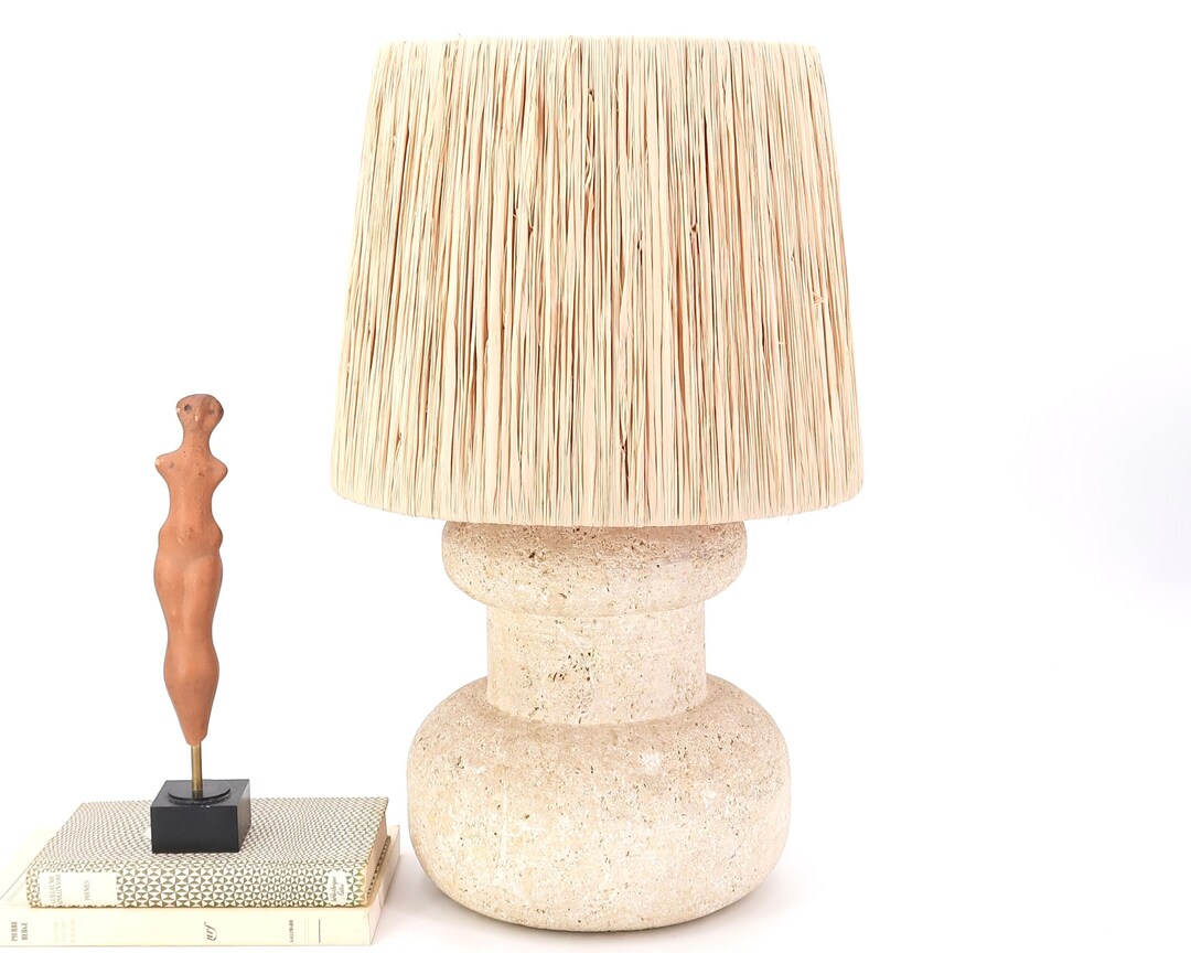 White Stone Column Table Lamp With Raffia Lampshade, 1960s / Vintage ...