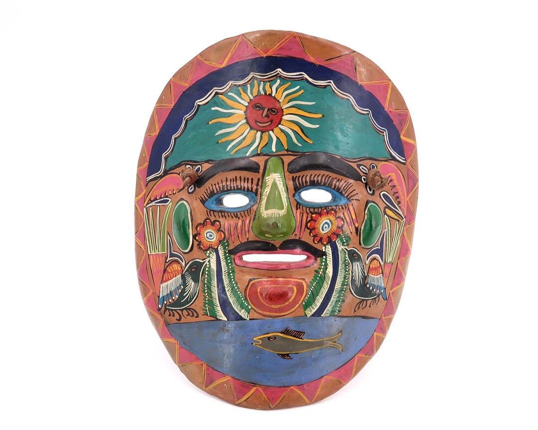 Mexican Colorful Terracotta Wall Mask, 1970s / Ceramic, Sun Face, Bird ...