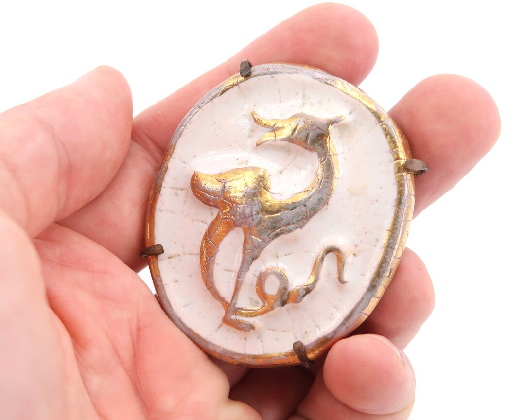 Large Ceramic Brooch, Chimera, 1950s / Line Vautrin Style, Gold, White ...