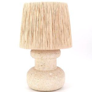 White Stone Column Table Lamp With Raffia Lampshade, 1960s / Vintage ...