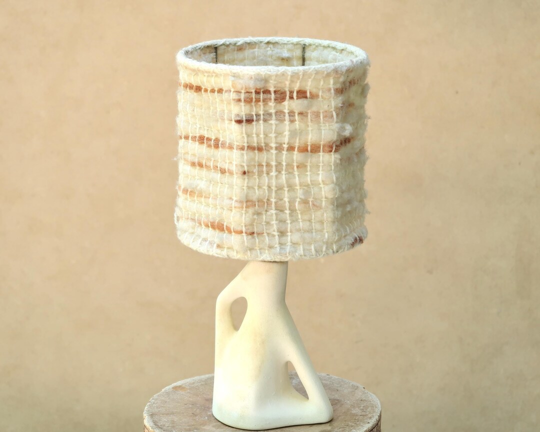 French Modern White Ceramic Table Lamp, Wool Lampshade, 1950s / Mid ...