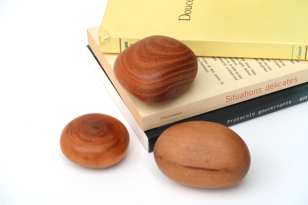 Pebble Sculptures, Calved Wood, 1970s / Paperweight, Vintage, Boho Chic ...