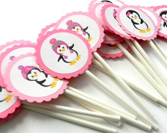 12 Girl Penguin Cupcake Toppers Winter Penguin First | Etsy