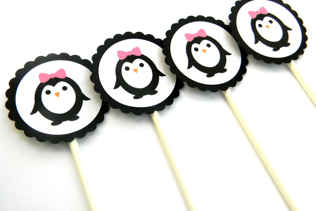 12 Penguin Cupcake Toppers, Girl Penguin, Pink Bow, Birthday Toppers ...