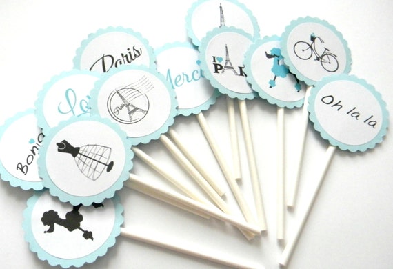 12 Blue Paris Cupcake Toppers, Paris Toppers, Paris Birthday, Tea Party ...