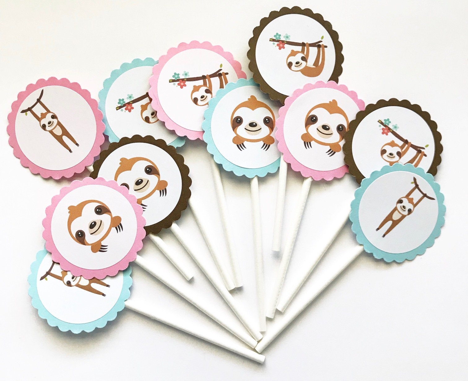 12 Girl Sloth Cupcake Toppers Sloth Theme First Birthday | Etsy