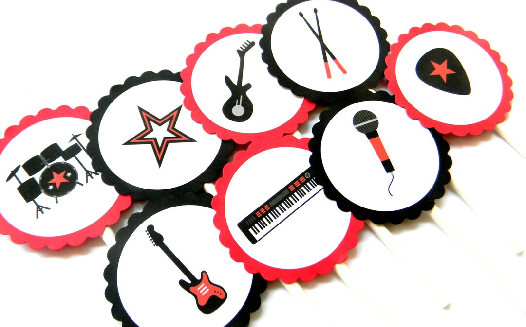 12 Rockstar Cupcake Toppers, Rock Theme Birthday, First Birthday, Boys ...