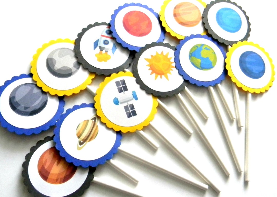 12 Planet Cupcake Toppers, Outerspace Theme, First Birthday, Planet ...