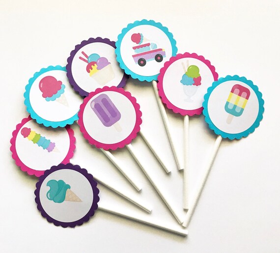 12 Rainbow Ice Cream Cupcake Toppers, Ice Cream Theme, Sweet Birthday ...