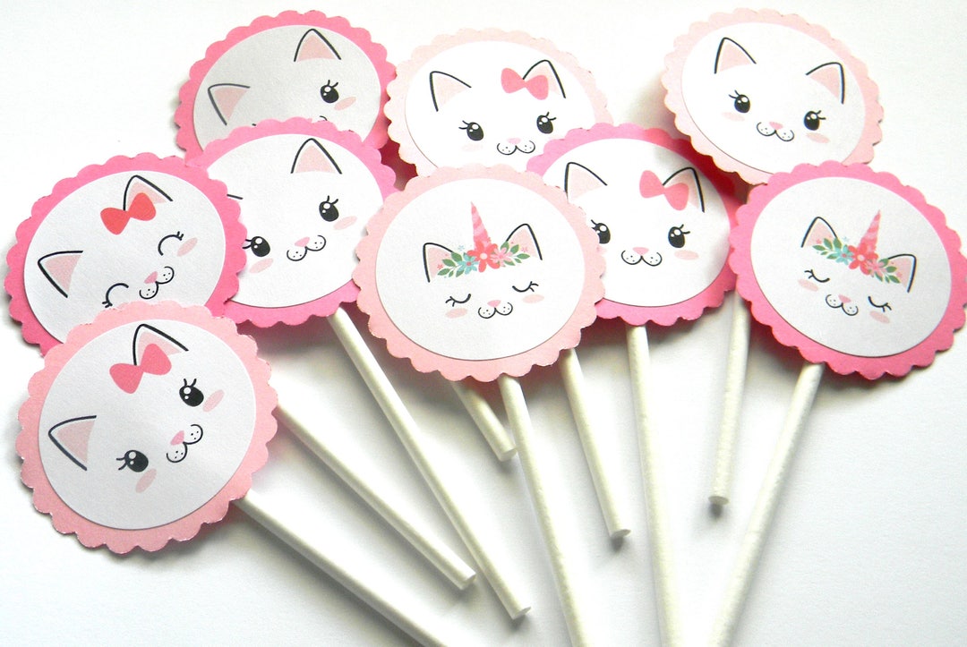 12 Cat Faces Cupcake Toppers, Cat Theme, Pet Birthday, Fancy Cat, Girl ...