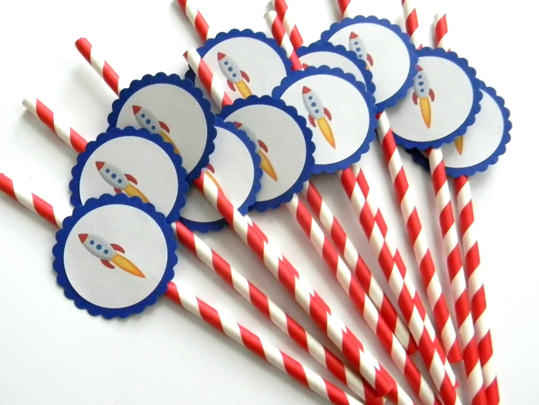 12 Rocket Party Straws, Outerspace Birthday, Rocket Theme, First ...