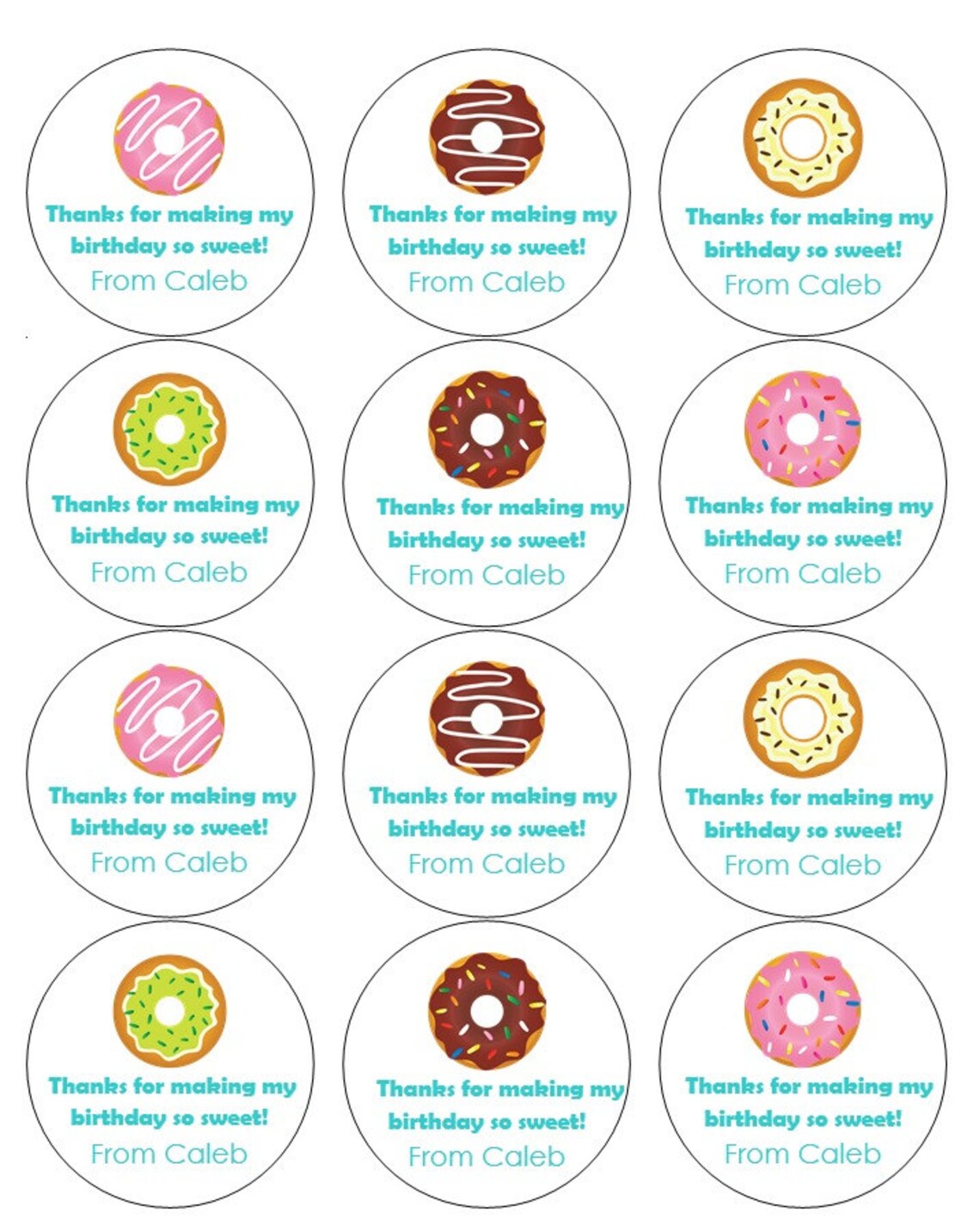 12 Donut Stickers. Aqua Birthday Stickers Thank You | Etsy