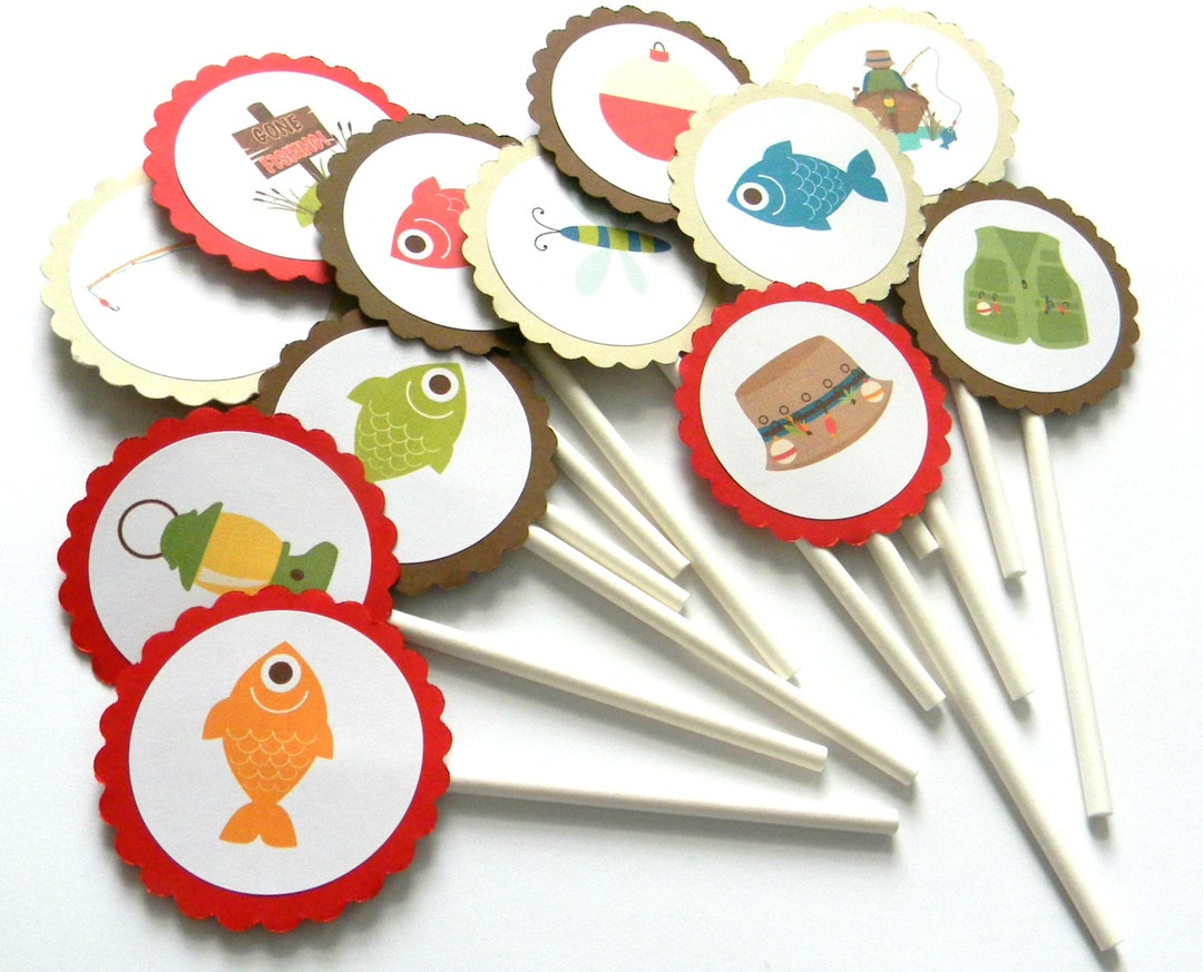 12 Fishing Cupcake Toppers, Fishing Theme, Gone Fishing, First Birthday ...