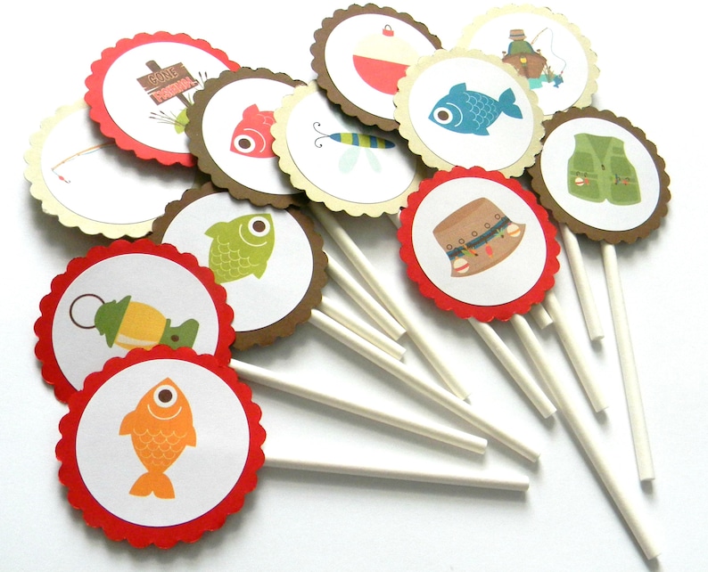 12 Fishing Cupcake Toppers, Fishing Theme, Gone Fishing, First Birthday ...