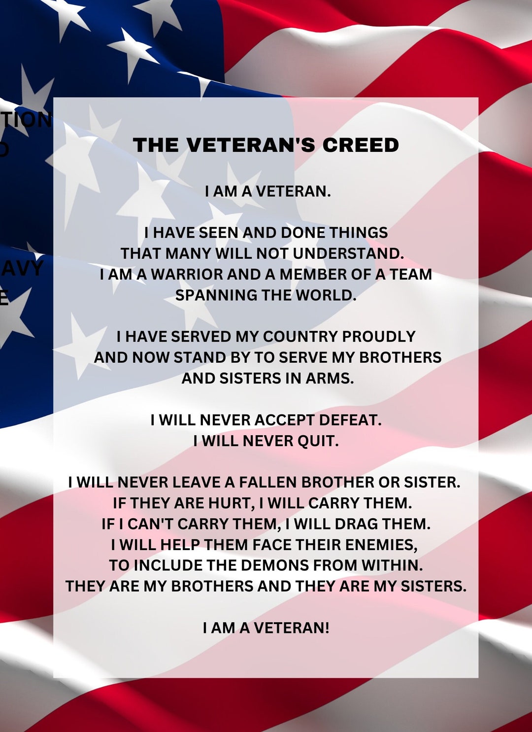 THE VETERANS CREED Wall Art 8x10 Art Print Framed or Unframed Free ...