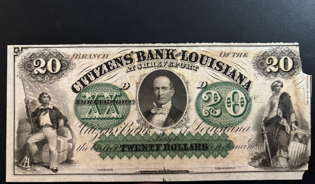 20 Dollar 1800s Citizens Bank of Louisiana at Shreveport Note Obsolete ...