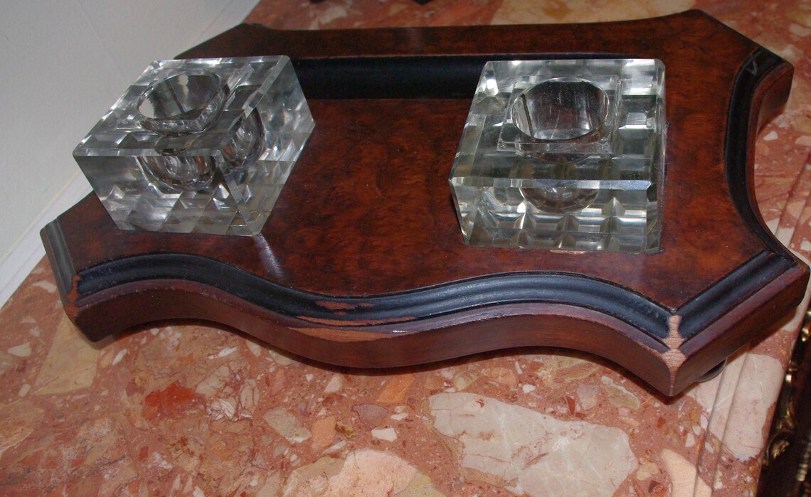 Antique INK WELL SET With Burlwood Top Antique Desk Tray - Etsy