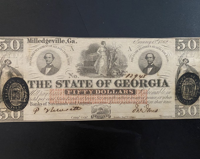 RARE 1863 GA 50 Dollar Note - MILLEDGEVILLE - 1863 Georgia Currency ...