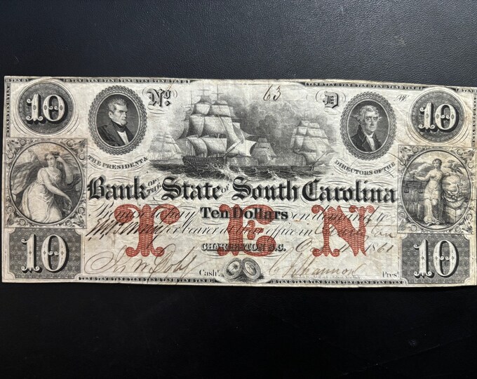 1861 SC 10 Dollar Bank Note CHARLESTON Rare South Carolina Ten Dollar ...