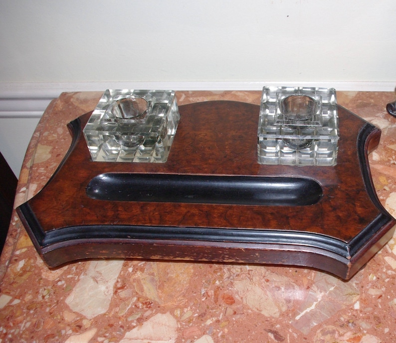Antique INK WELL SET With Burlwood Top Antique Desk Tray - Etsy