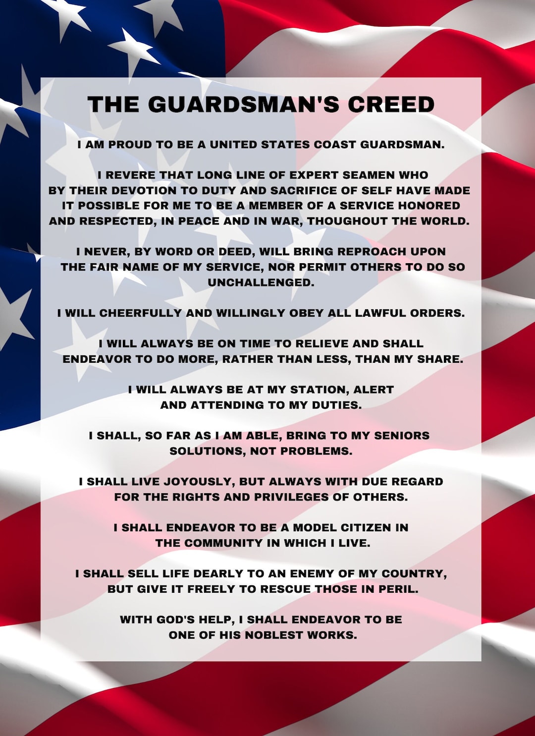 Coast Guardsman's Creed Art Print: Patriotic Wall Decor (8x10) - Etsy