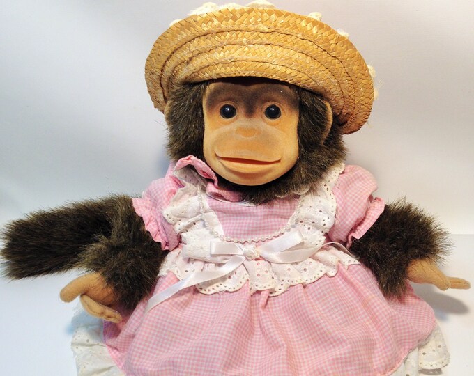Hosung Vintage Monkey Puppet Baby Chimp Chimpanzee Squeaker Pink Dress ...