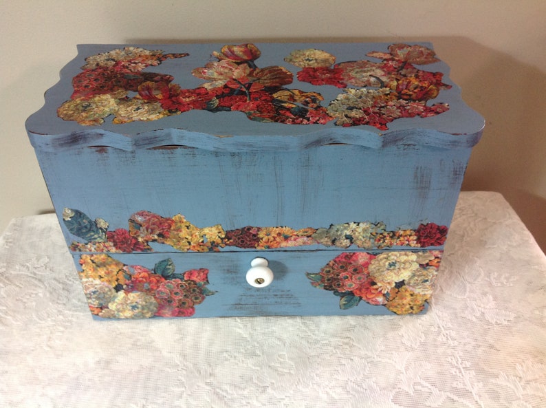 Vintage Wood Box Decopodge Mod Podge Box With Drawer Blue Box - Etsy