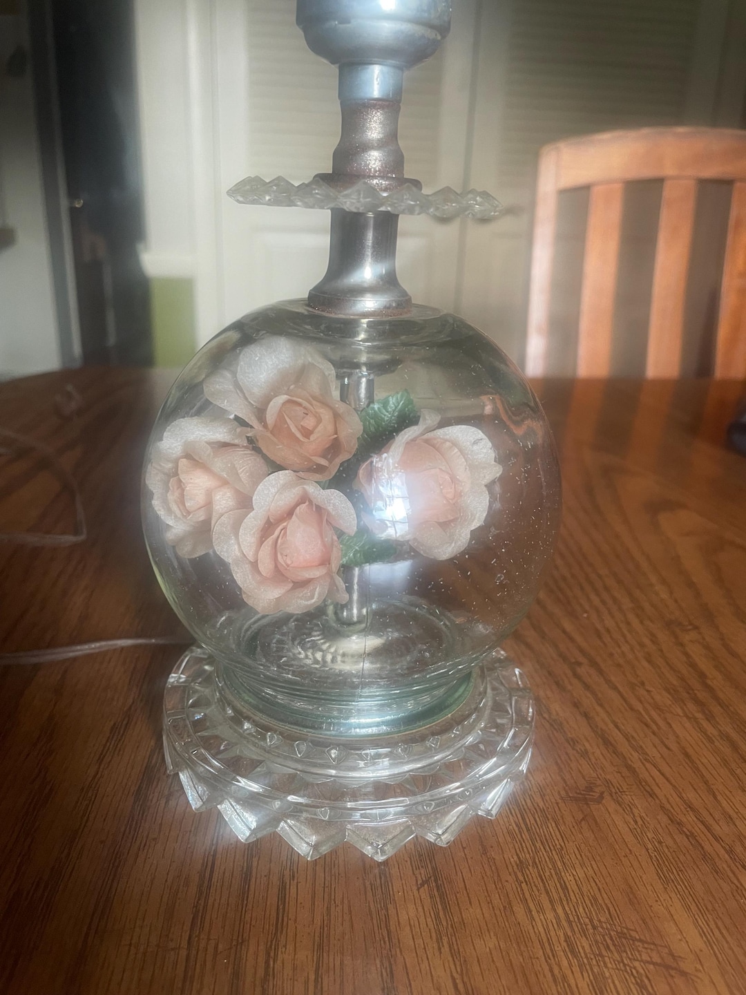 Vintage Glass Lamp Clear Round Globe With Pink Rose Enclosed - Etsy